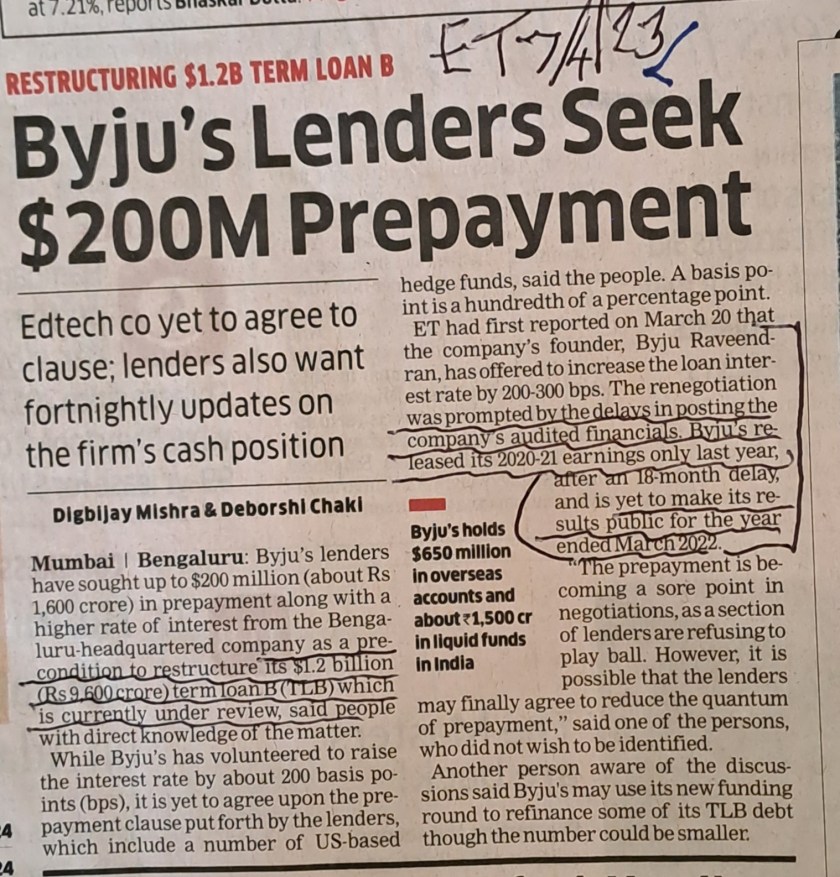 🙏Byju –prepayment condition and stricter monitoring in the offing ...