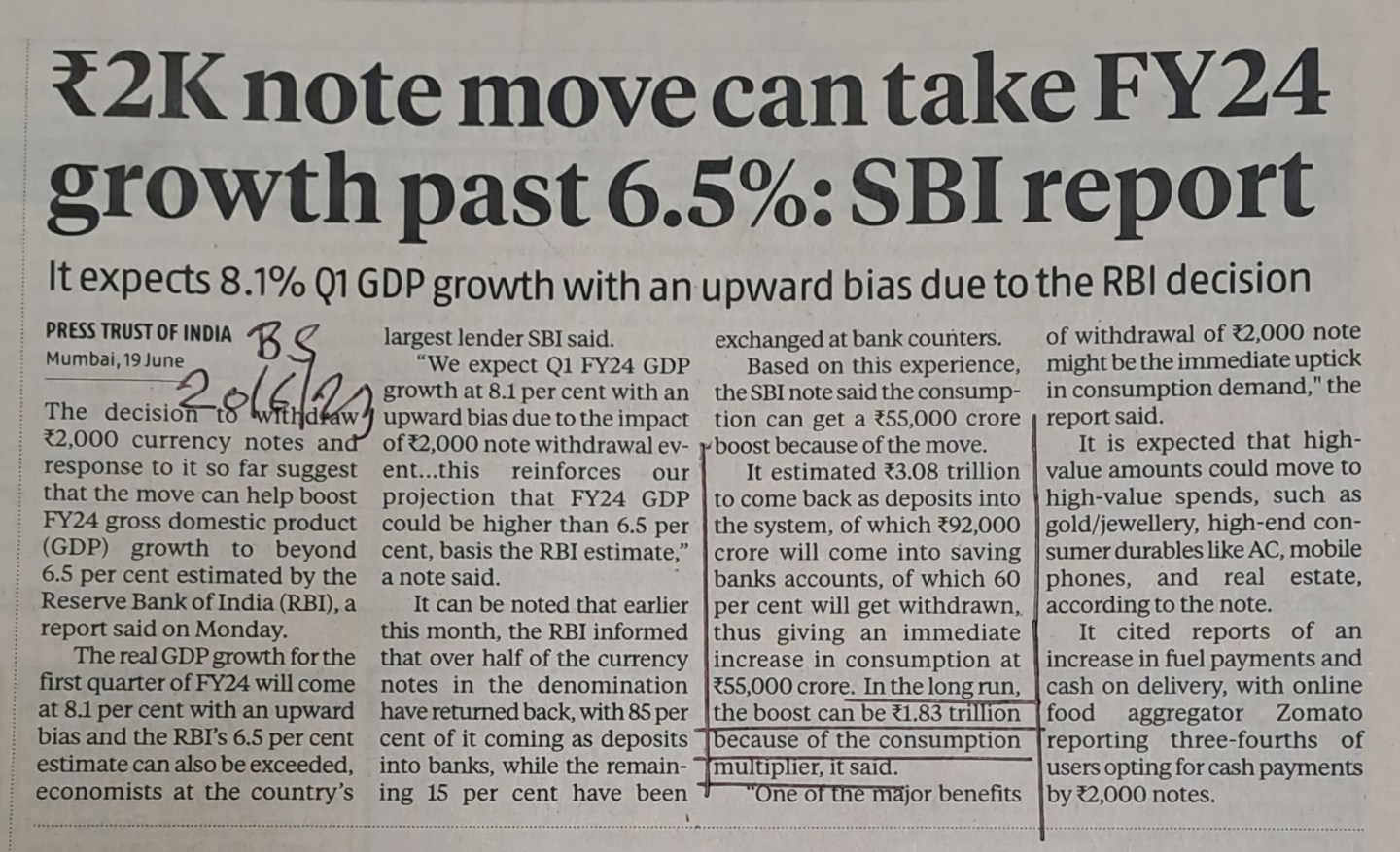 🙏Withdrawal of 2000 notes –benefits to economy galore— SBI economists ...